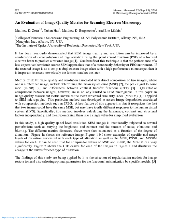 (PDF) An Evaluation of Image Quality Metrics for Scanning Electron ...