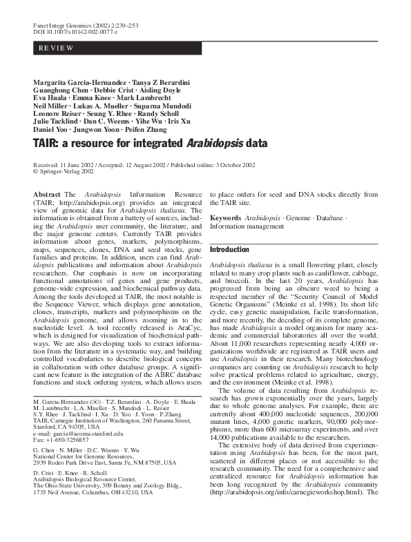 (PDF) TAIR: a resource for integrated Arabidopsis data