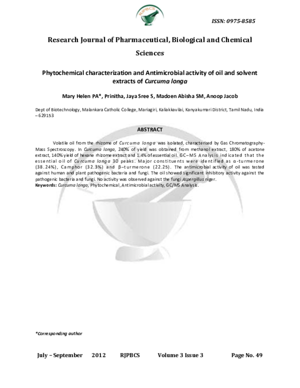 (PDF) Phytochemical characterization and Antimicrobial activity of oil and solvent extracts of ...