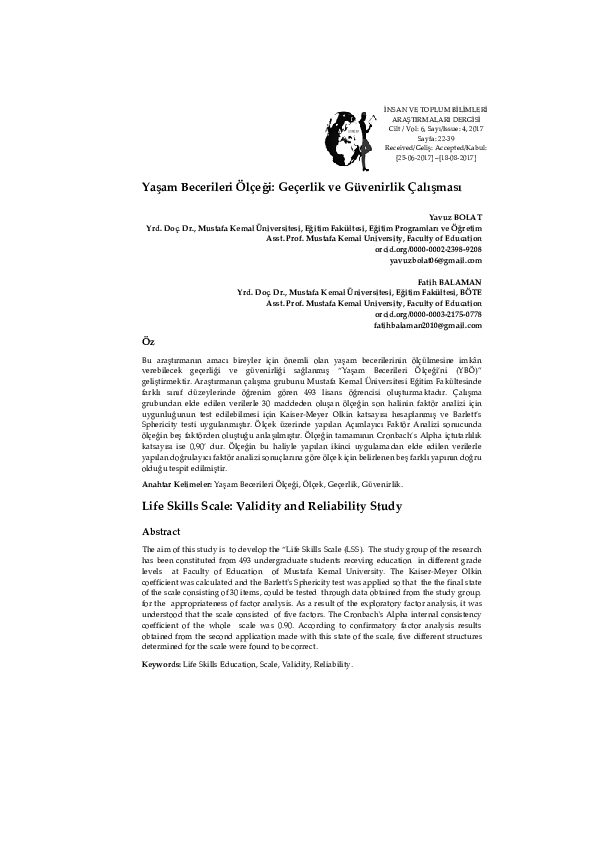 (PDF) Life skills scale : validity and reliability study