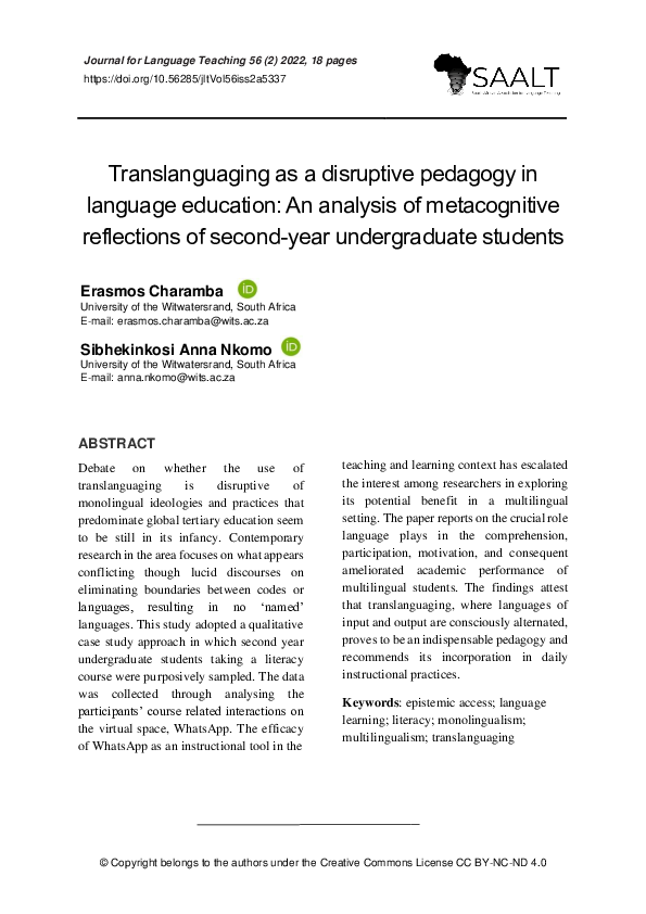 (PDF) Translanguaging as a disruptive pedagogy in language education An ...