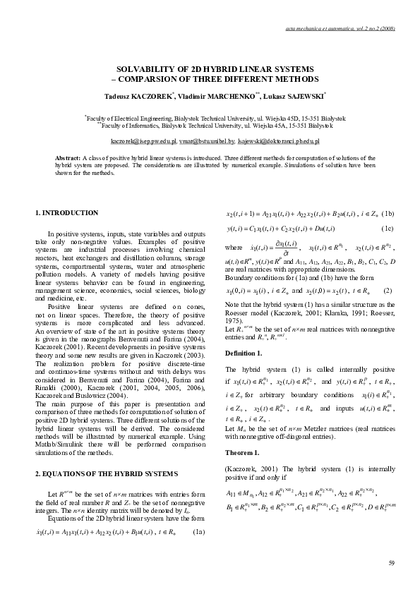 Pdf Solvability Of 2d Hybrid Linear Systems Comparsion Of Three