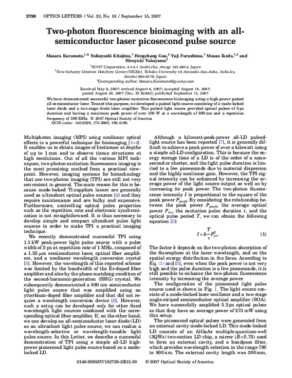 (PDF) Two-photon fluorescence bioimaging with an all-semiconductor laser picosecond pulse source