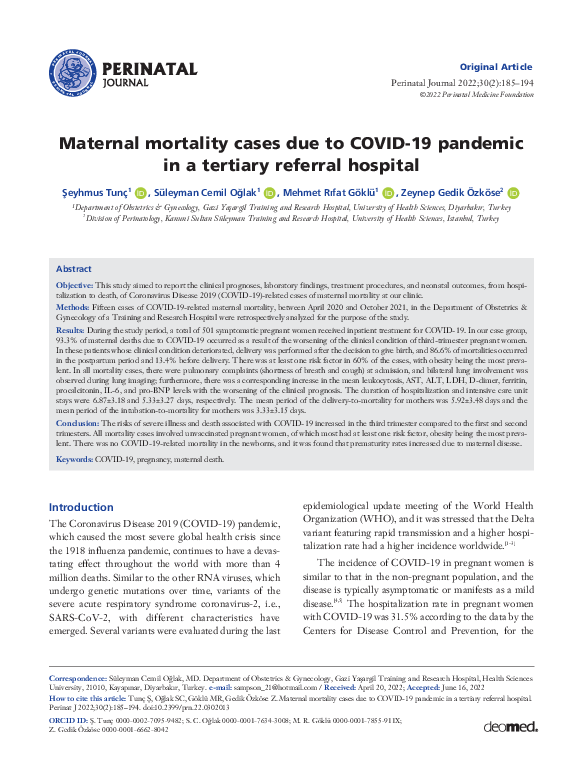 (PDF) Maternal mortality cases due to COVID-19 pandemic in a tertiary ...