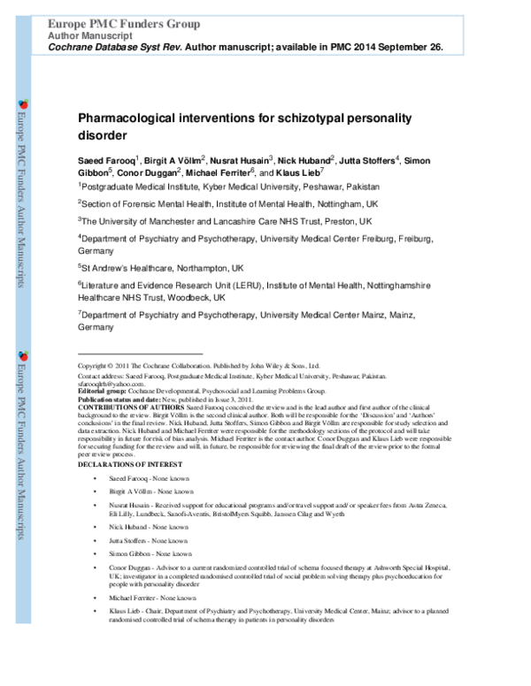 (PDF) Pharmacological interventions for schizotypal personality ...