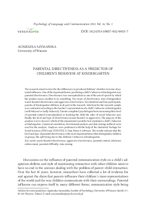 (PDF) Parental Directiveness as a Predictor of Children’S Behavior at ...