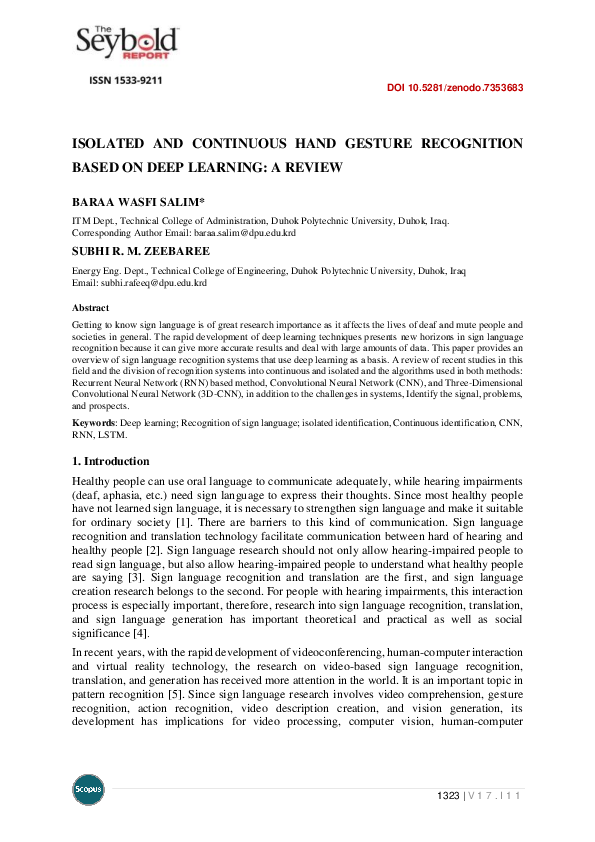 (PDF) ISOLATED AND CONTINUOUS HAND GESTURE RECOGNITION BASED ON DEEP LEARNING: A REVIEW