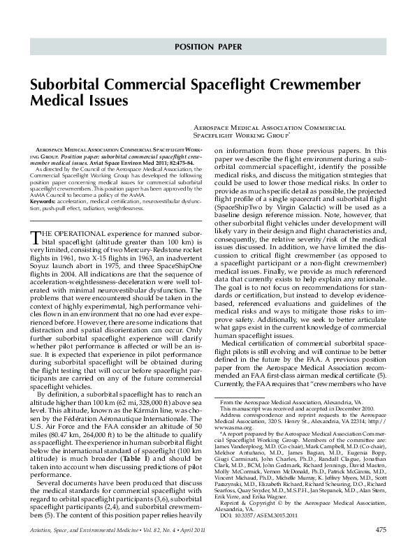(PDF) Suborbital Commercial Spaceflight Crewmember Medical Issues