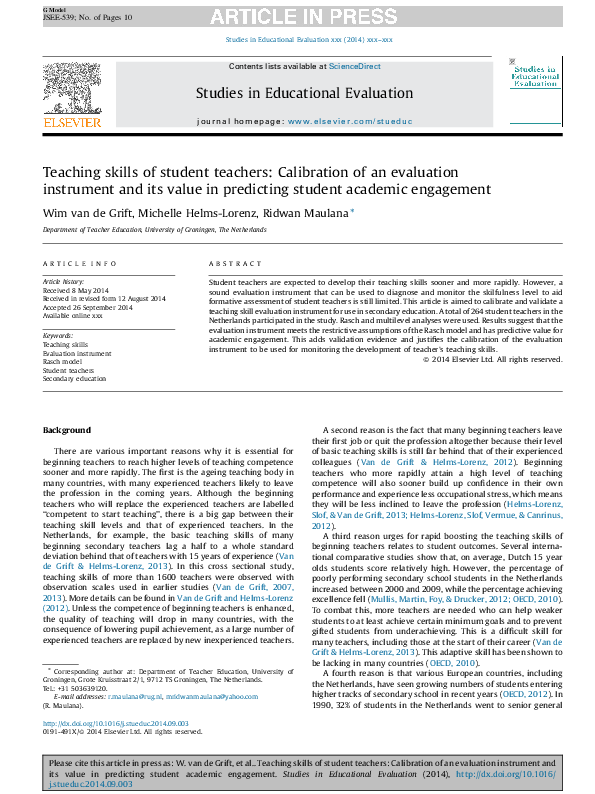 (PDF) Teaching skills of student teachers: Calibration of an evaluation ...
