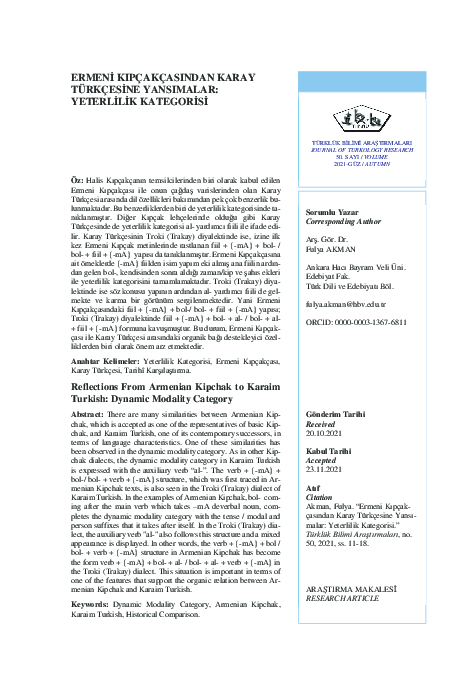 (PDF) Ermeni̇ Kipçakçasindan Karay Türkçesi̇ne Yansimalar: Yeterli̇li̇k ...