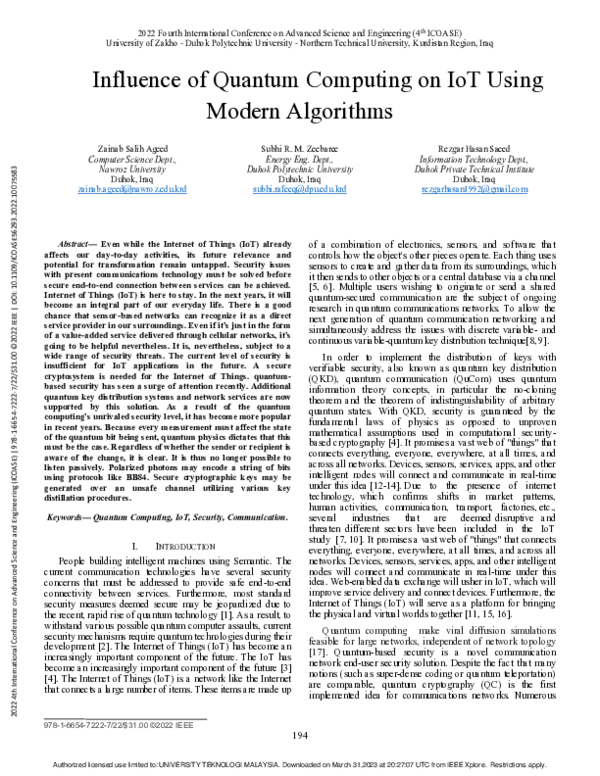 (PDF) Influence of Quantum Computing on IoT Using Modern Algorithms