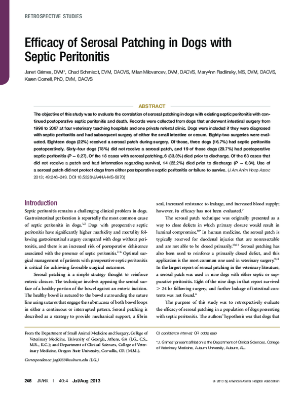 (PDF) Efficacy of Serosal Patching in Dogs with Septic Peritonitis
