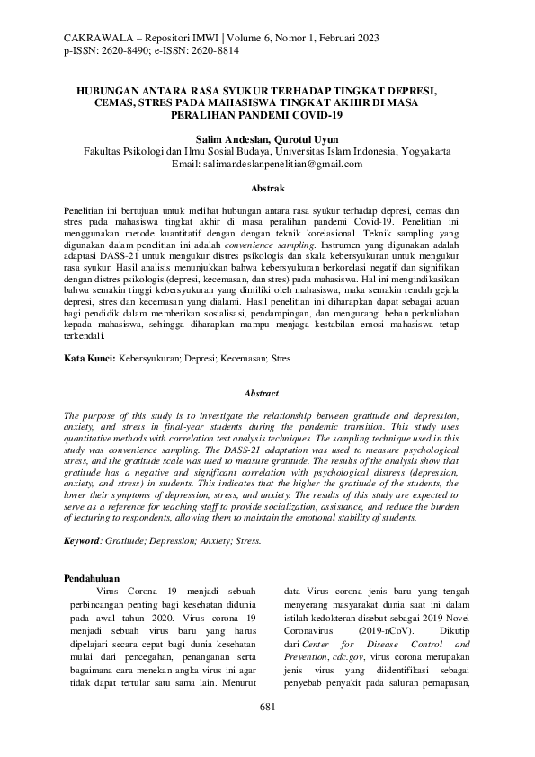 (PDF) Hubungan Antara Rasa Syukur Terhadap Tingkat Depresi, Cemas, Stres Pada Mahasiswa Tingkat ...