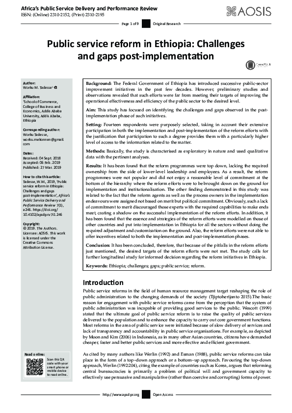 (PDF) Public service reform in Ethiopia: Challenges and gaps post ...