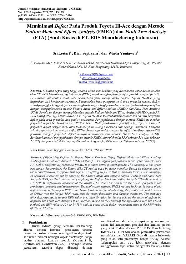 (PDF) Analisis Metode Failure Mode and Effect Analysis (FMEA) dan Fault ...