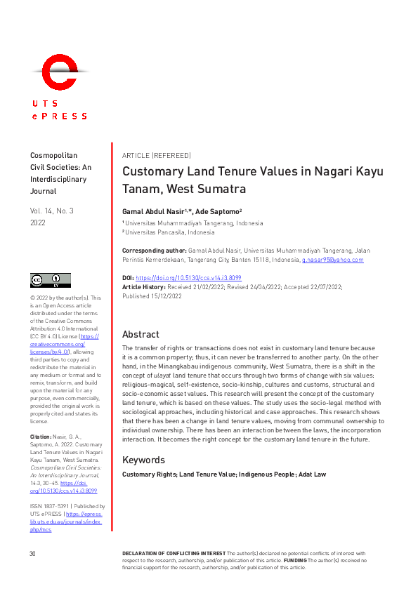 (PDF) Customary Land Tenure Values in Nagari Kayu Tanam, West Sumatra