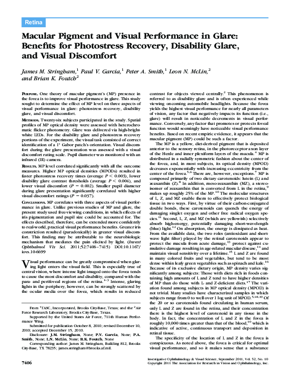 (PDF) Macular Pigment and Visual Performance in Glare: Benefits for ...