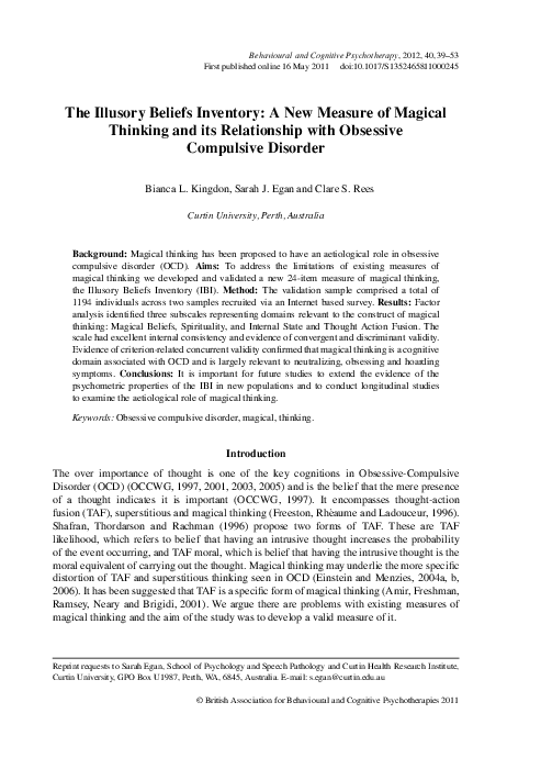 (PDF) The Illusory Beliefs Inventory: A New Measure of Magical Thinking ...