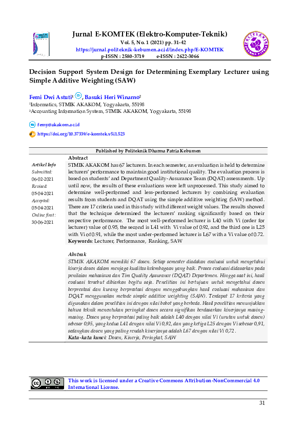 Pdf Decision Support System Design For Determining Exemplary Lecturer