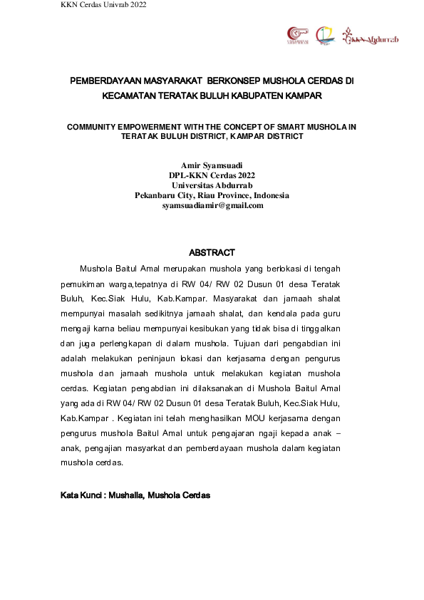 (PDF) PEMBERDAYAAN MASYARAKAT BERKONSEP MUSHOLA CERDAS DI KECAMATAN ...