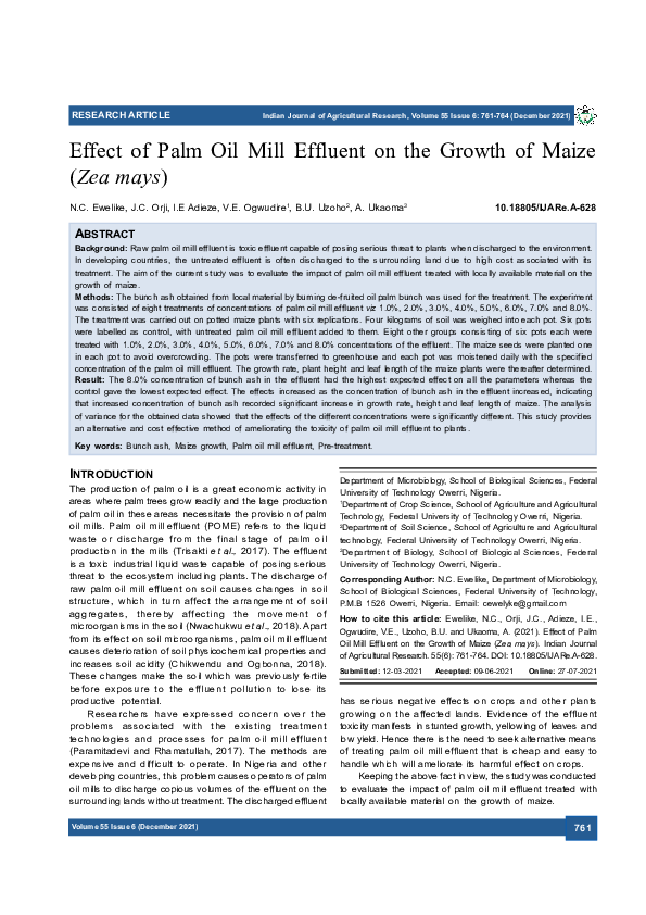 (PDF) Effect of Palm Oil Mill Effluent on the Growth of Maize (Zea mays)