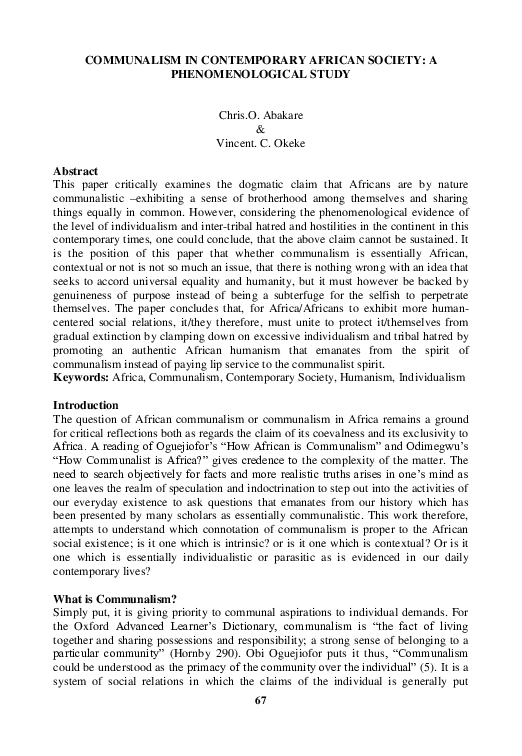 (PDF) Communalism in Contemporary African Society: A Phenomenological Study