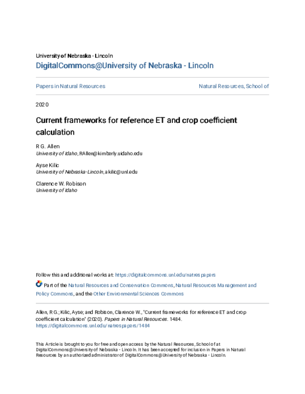 (PDF) Current frameworks for reference ET and crop coefficient calculation
