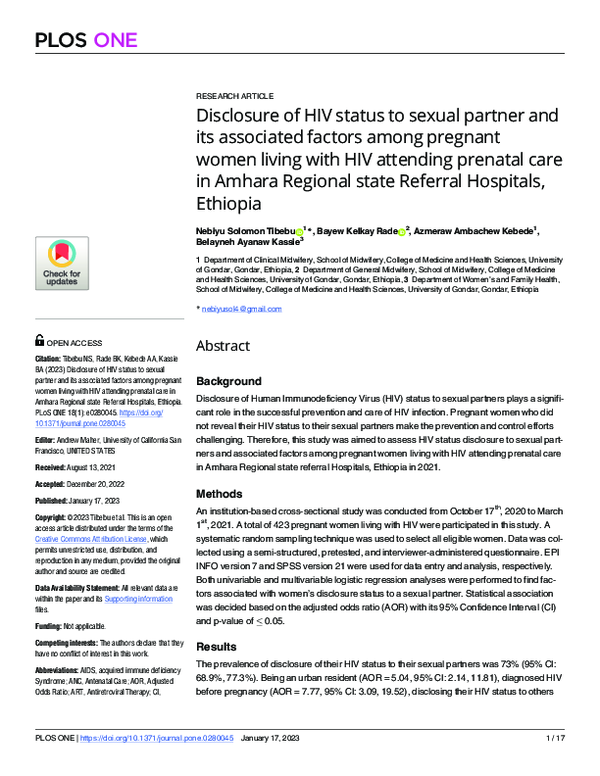 (PDF) Disclosure of HIV status to sexual partner and its associated ...