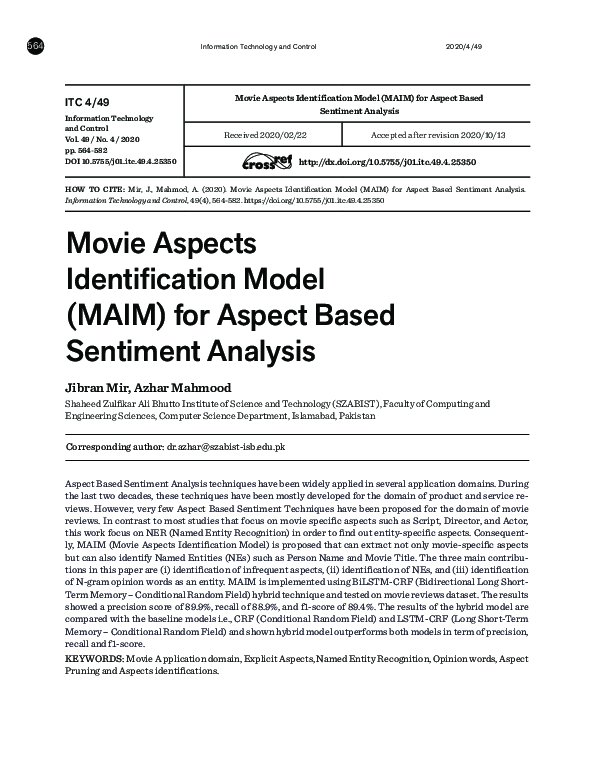 (PDF) Movie Aspects Identification Model for Aspect Based Sentiment Analysis
