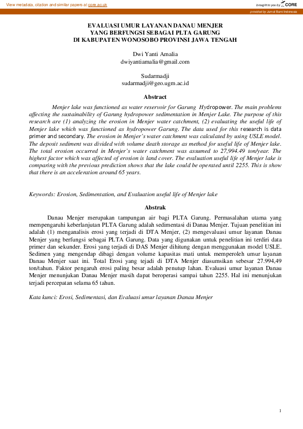 (PDF) Evaluasi Umur Layanan Danau Menjer Yang Berfungsi Sebagai Plta ...
