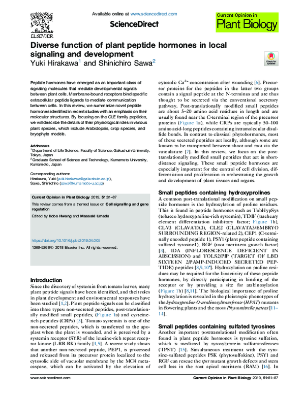 (PDF) Diverse function of plant peptide hormones in local signaling and ...
