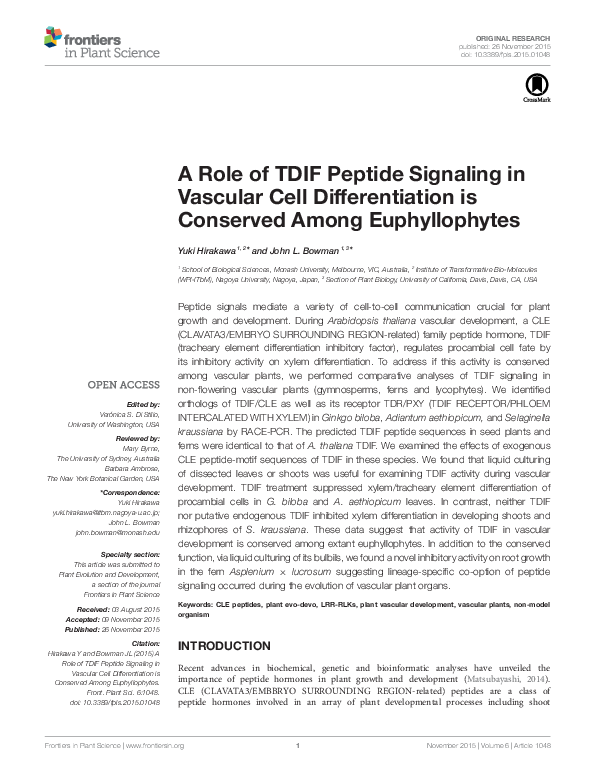 (PDF) Conservation of TDIF Signaling in Vascular Plants