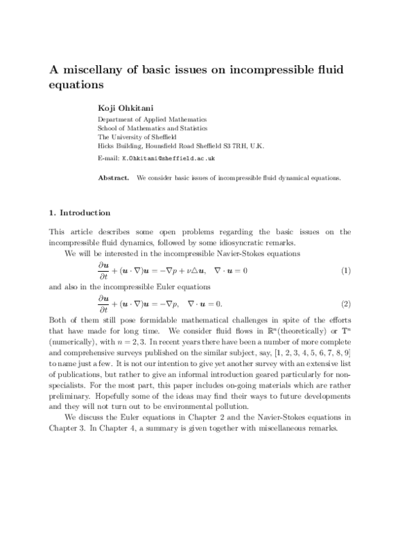 Pdf A Miscellany Of Basic Issues On Incompressible Fluid Equations