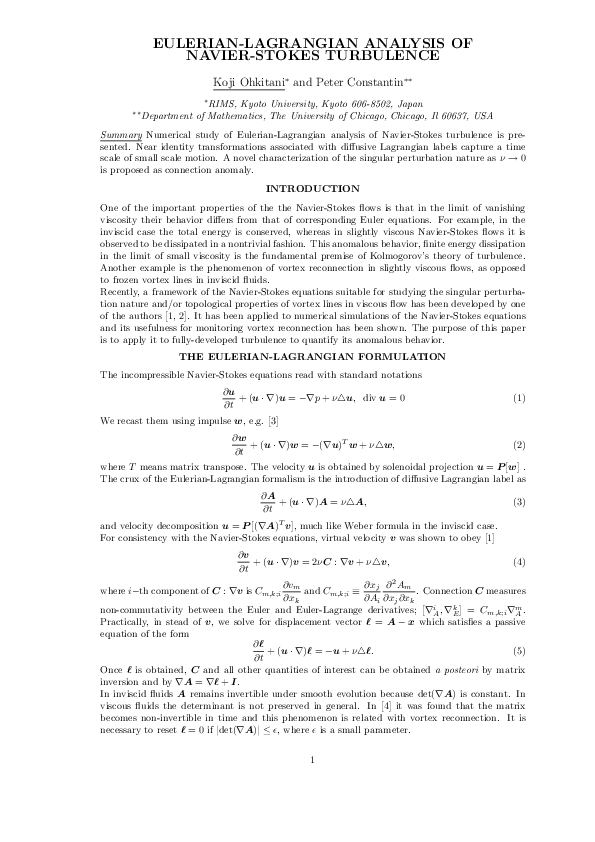 (PDF) Eulerian-Lagrangian Analysis of Navier-Stokes Turbulence