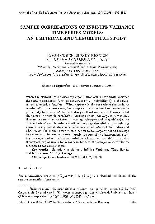Pdf Sample Correlations Of Infinite Variance Time Series Models An