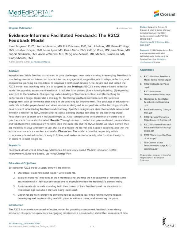 (PDF) Evidence-Informed Facilitated Feedback: The R2C2 Feedback Model ...