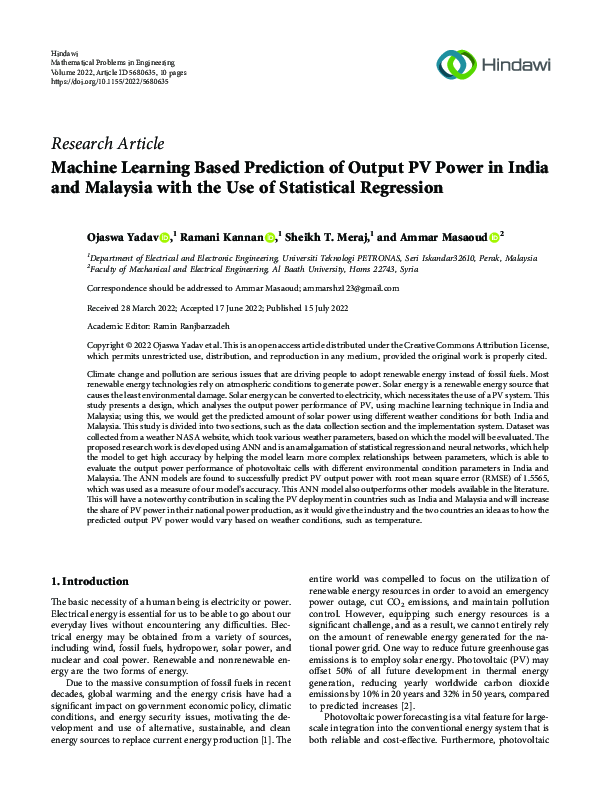 (PDF) Machine Learning Based Prediction of Output PV Power in India and Malaysia with the Use of ...