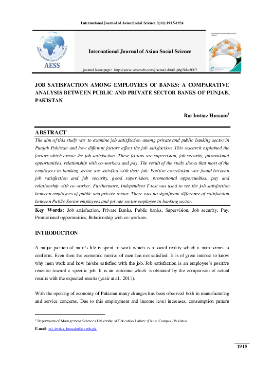 Pdf Job Satisfaction Among Employees Of Banks A Comparative Analysis