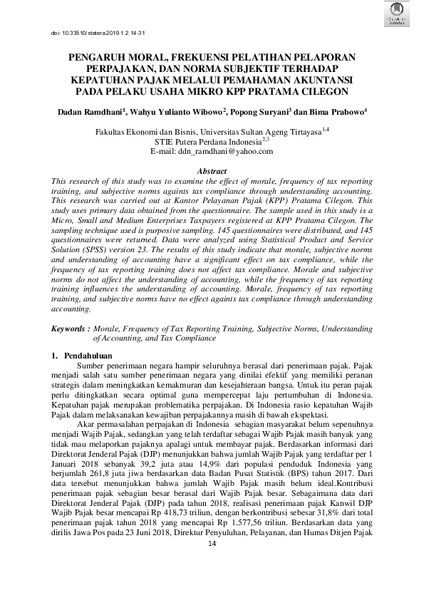 (PDF) Pengaruh Moral, Frekuensi Pelatihan Pelaporan Perpajakan, dan ...
