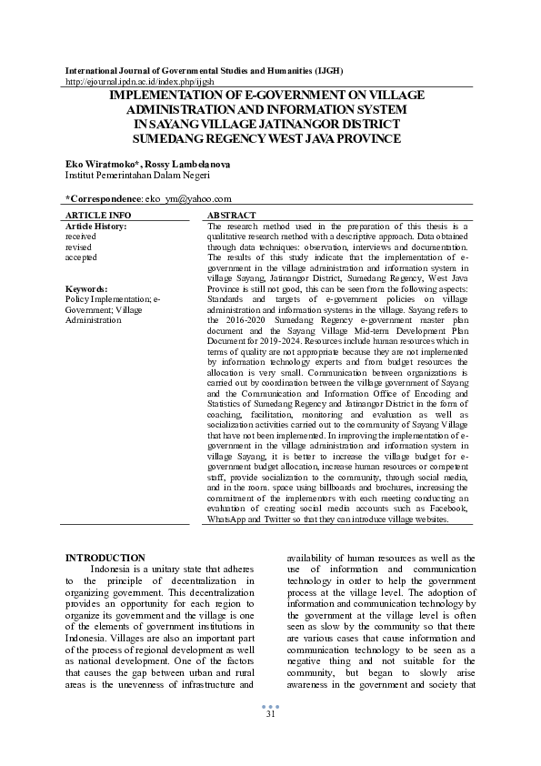 (PDF) Implementation of E-Government on Village Administration and Information System in Sayang ...