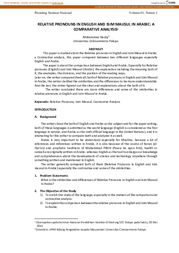 (PDF) Relative Pronouns in English and Isim Mausul in Arabic: A ...