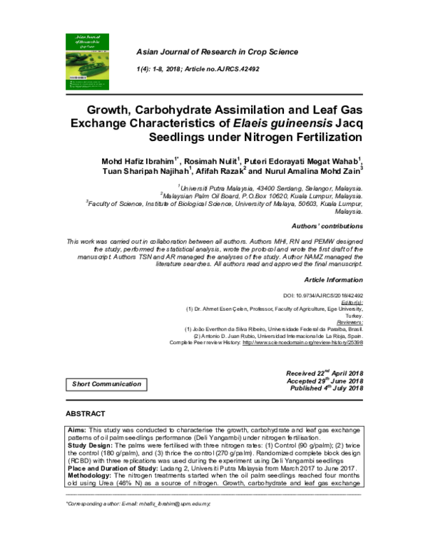 (PDF) Growth, Carbohydrate Assimilation and Leaf Gas Exchange ...