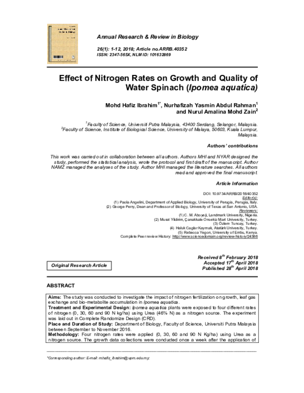 (PDF) Effect of Nitrogen Rates on Growth and Quality of Water Spinach ...