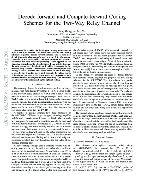 (PDF) Decode-forward and compute-forward coding schemes for the two-way relay channel