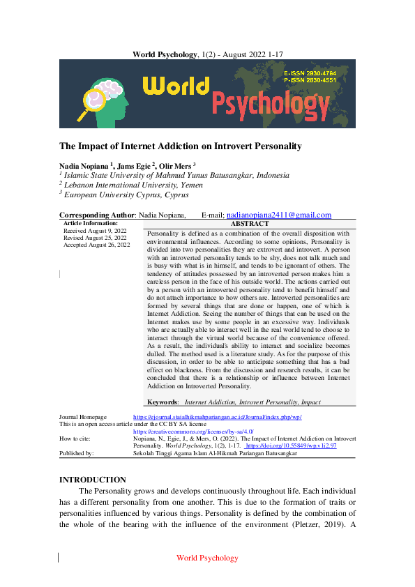 (PDF) The Impact of Internet Addiction on Introvert Personality