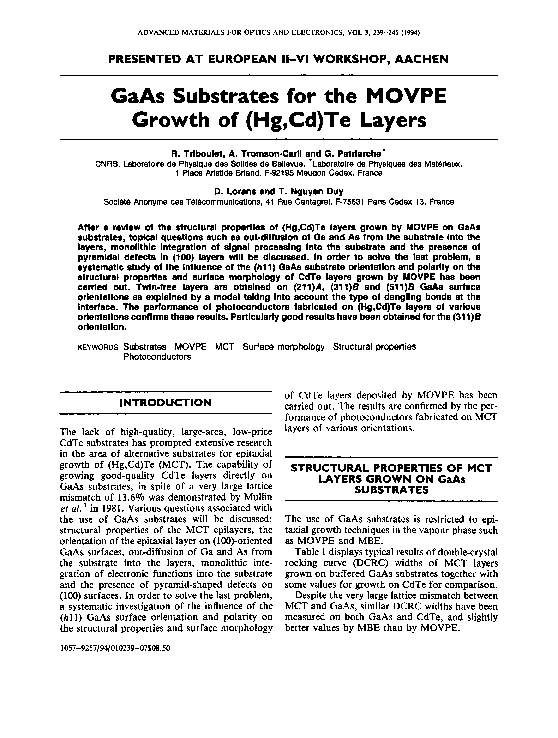 (PDF) GaAs substrates for the MOVPE growth of (Hg,Cd)Te layers