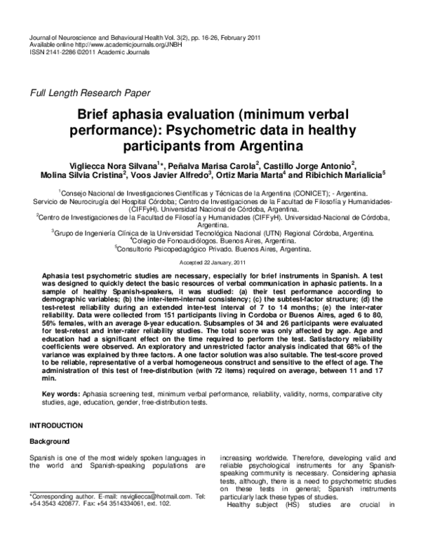 (PDF) Brief aphasia evaluation (minimum verbal performance): Concurrent ...
