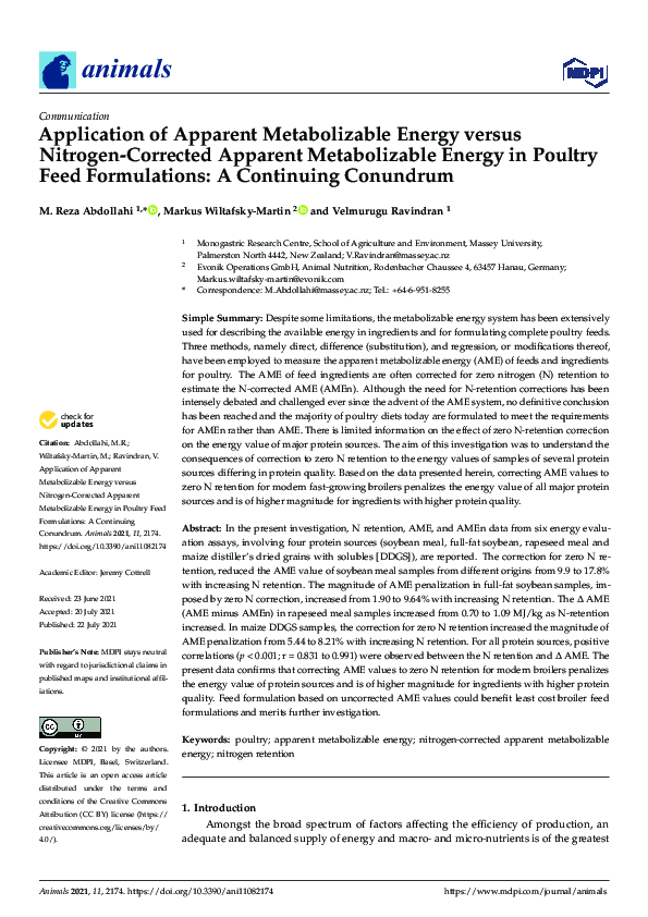 (PDF) Application of Apparent Metabolizable Energy versus Nitrogen-Corrected Apparent ...