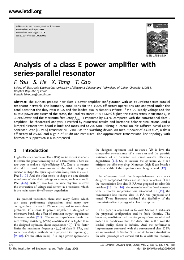 (PDF) Analysis of a class E power amplifier with series-parallel resonator