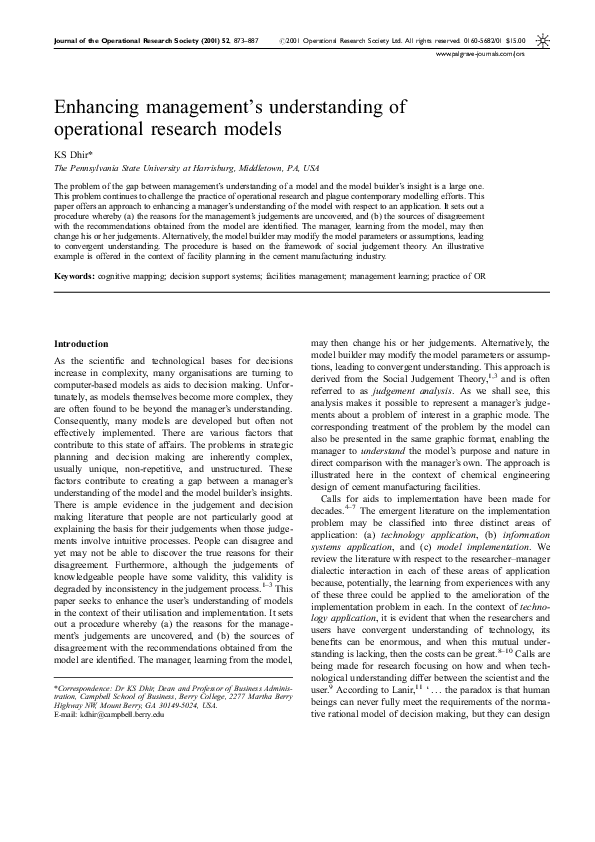 (PDF) Enhancing management's understanding of operational research models